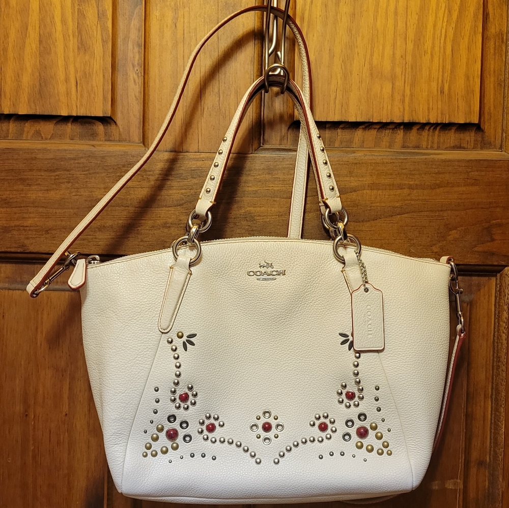Coach Kelsey Chalk White Pebbled Leather Studded Embe… - Gem